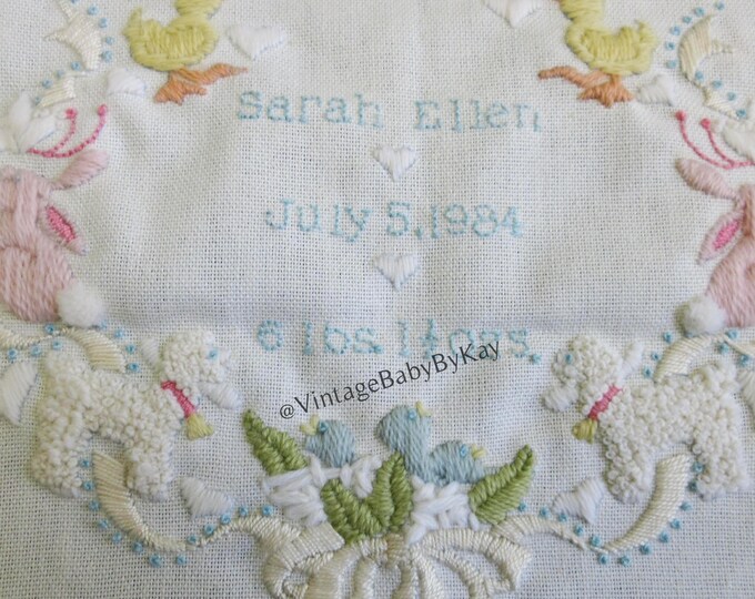 Vintage 80s Birth Record Sampler, Completed Hand Embroidery Baby ...