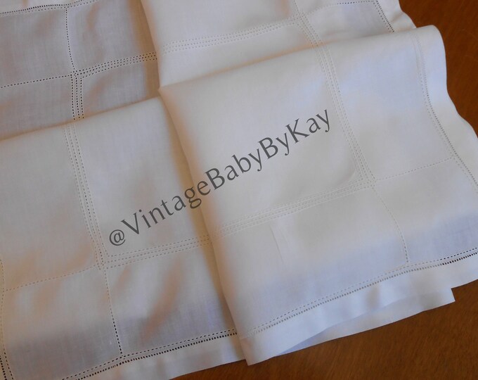 Square Linen Tablecloth Vintage White on White Hemstitched Hem and ...