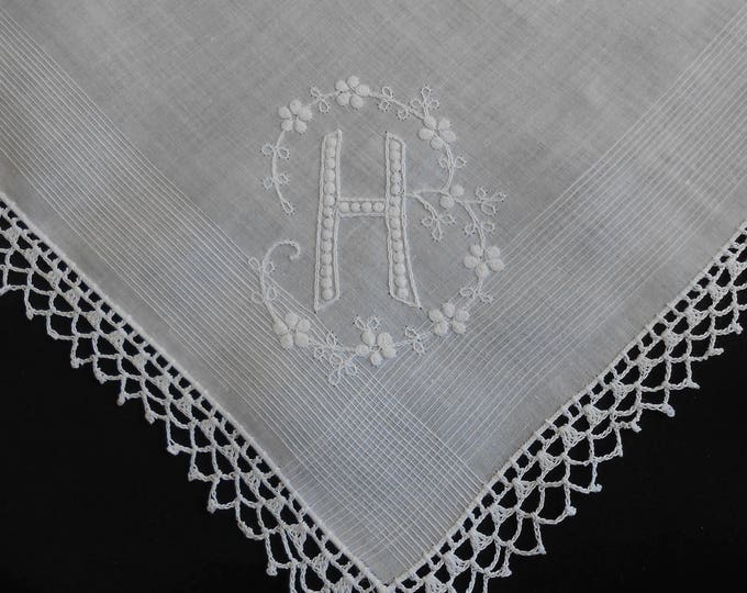 H Monogram Hanky With Hand Crochet Lace, Lacy Vintage Hanky, White ...