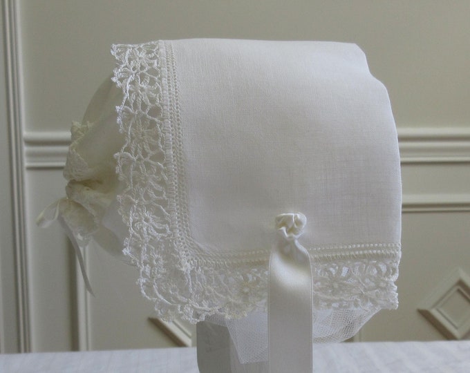 Large Heirloom Hanky Bonnet White Linen With Floral Crochet Christening ...
