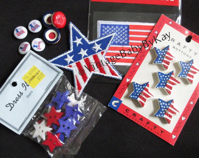 Patriotic Buttons and Patches, Assorted Red White Blue Vintage Sewing ...