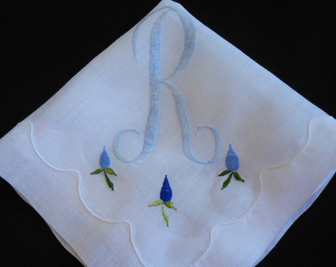 R Monogram Vintage White Hanky Blue Embroidery With Scalloped - Etsy