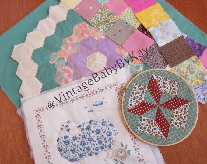 5 Quilt Blocks Finished Orphan Quilt Variety Patchwork Lot of 5 Hand Made Sheep Flower Garden ...
