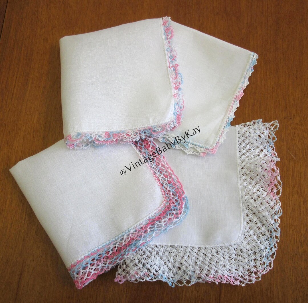 Hankies With Variegated Blue and Pink Lace Trim, Lot of 4 Cotton and ...