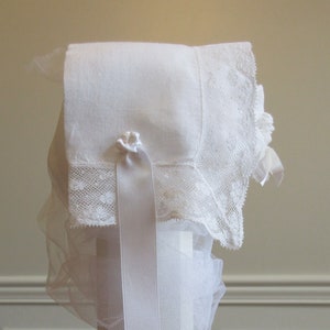 Small Heirloom Hanky Bonnet White Linen With Wide Lace, Christening ...