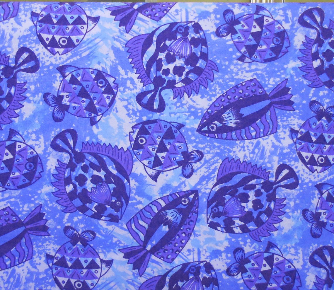 Cotton Print Fabric Tropical Fish in Blues and Purples 2 | Etsy