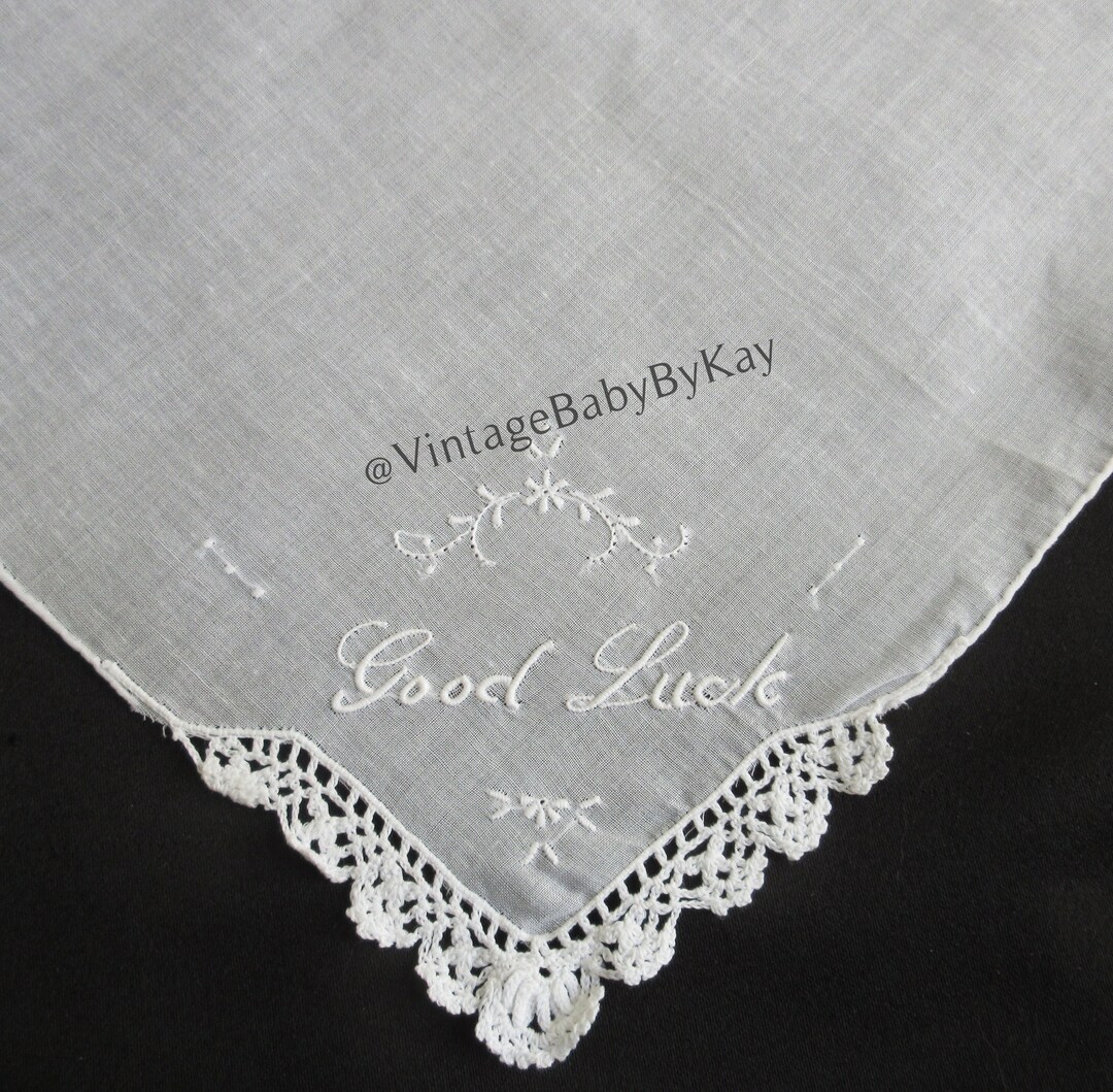 Good Luck Hanky, Sheer White Cotton Handkerchief With Embroidery and ...