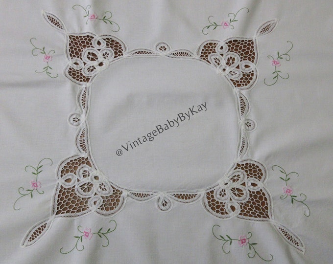 Battenburg Lace Tablecloth With Pink Floral Embroidery 42 X 48, All ...