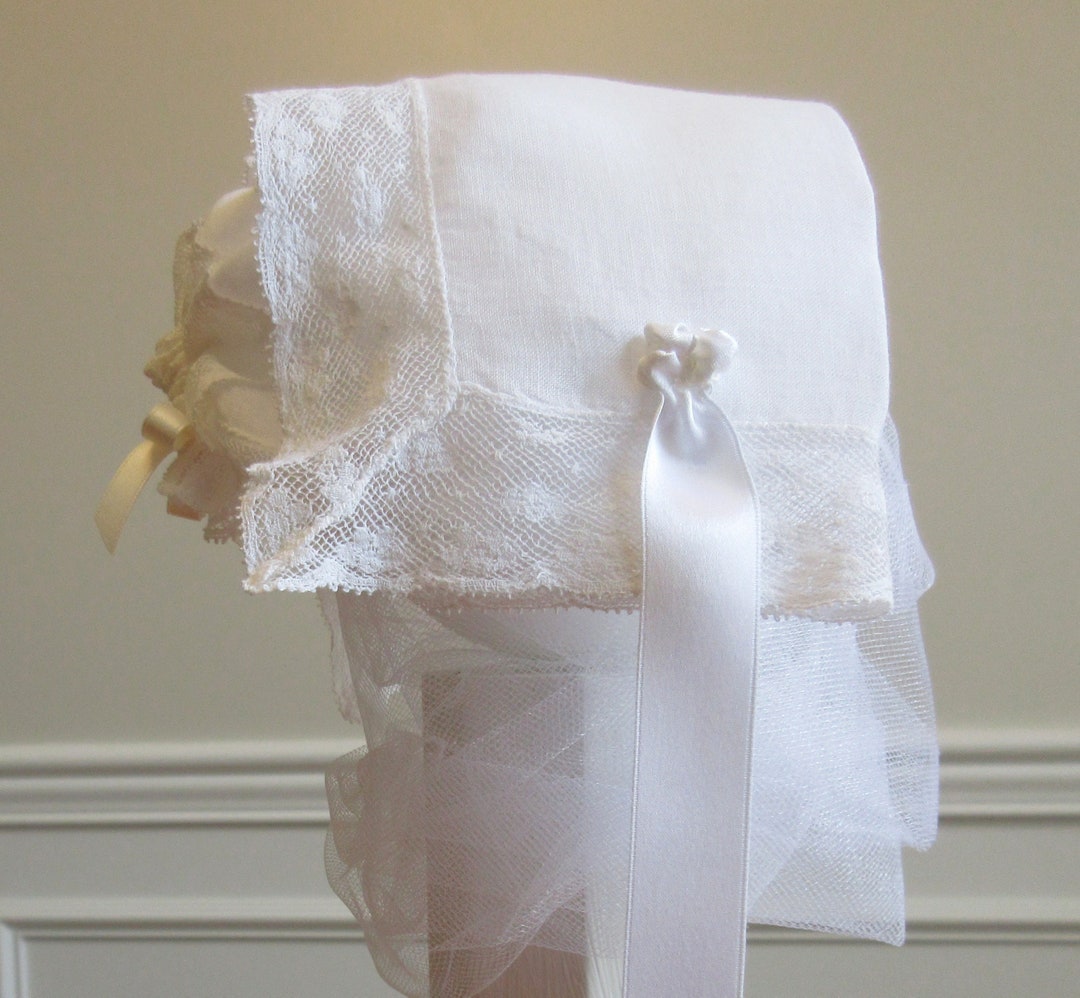 Small Heirloom Hanky Bonnet White Linen With Wide Lace, Christening ...