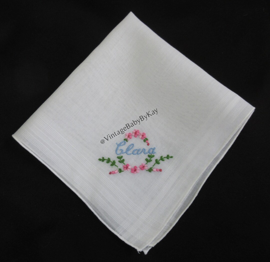Clara Monogram Vintage White Wedding Hanky Embroidered Handkerchief, Blue Pink Green Embroidery ...