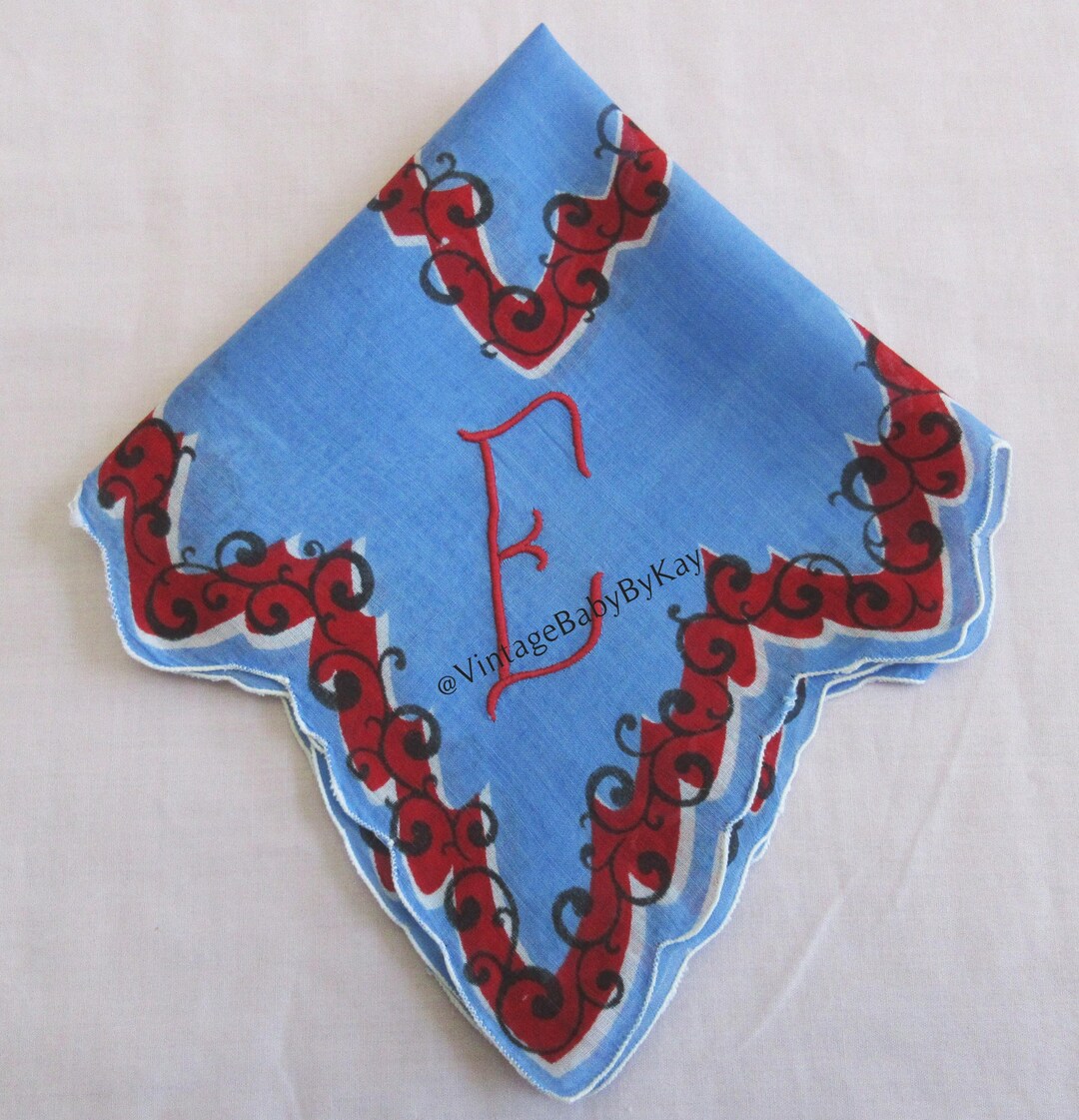 E Monogram Vintage Hanky Blue Red Black Print Handkerchief With Red ...