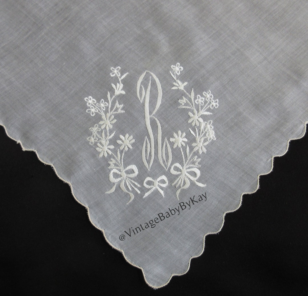R Monogram Hanky Vintage White & Cream Embroidery Handkerchief White ...