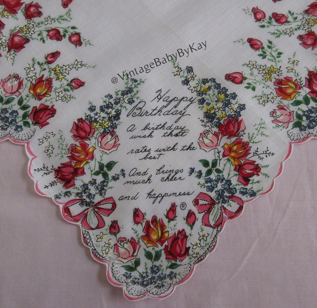 Birthday Print Hanky, Vintage Sheer White Handkerchief Dainty Pink ...