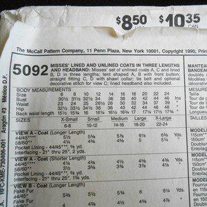 Mccall's 5092 Size 6 8 Ex-small Adult Woman Coat in 3 Lengths ...