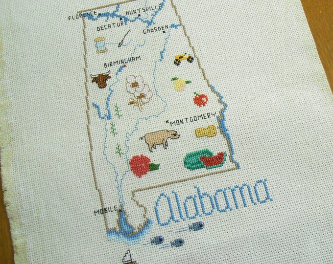 Alabama State Map Cross Stitch Sampler Finished Vintage Hand Embroidery ...