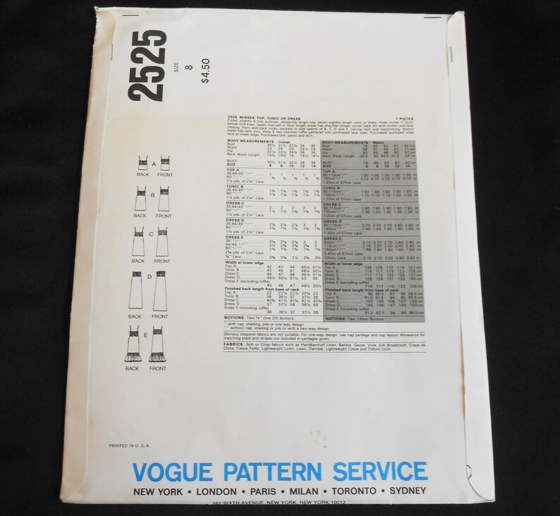 Vogue Pattern 2525 Size 8 Dress Tunic and Top With Optional Spaghetti ...
