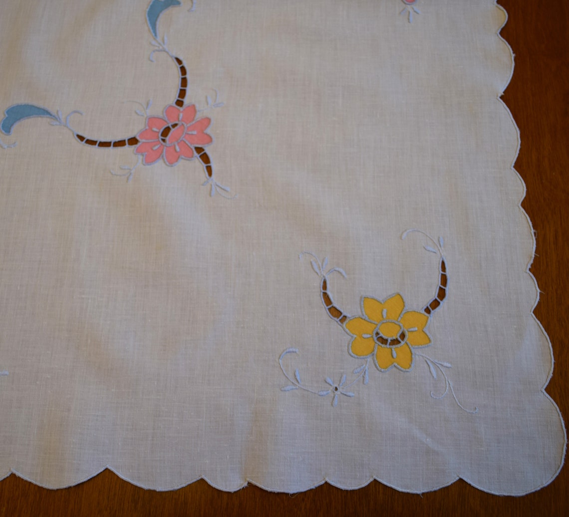 Appliqued Cutwork Tablecloth Bright Pastel Flowers Pink Blue - Etsy