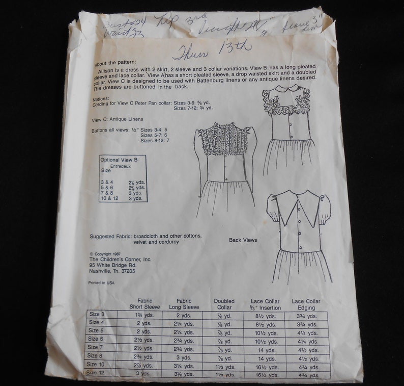Children's Corner Pattern Allison Size 7 8 Sewing | Etsy