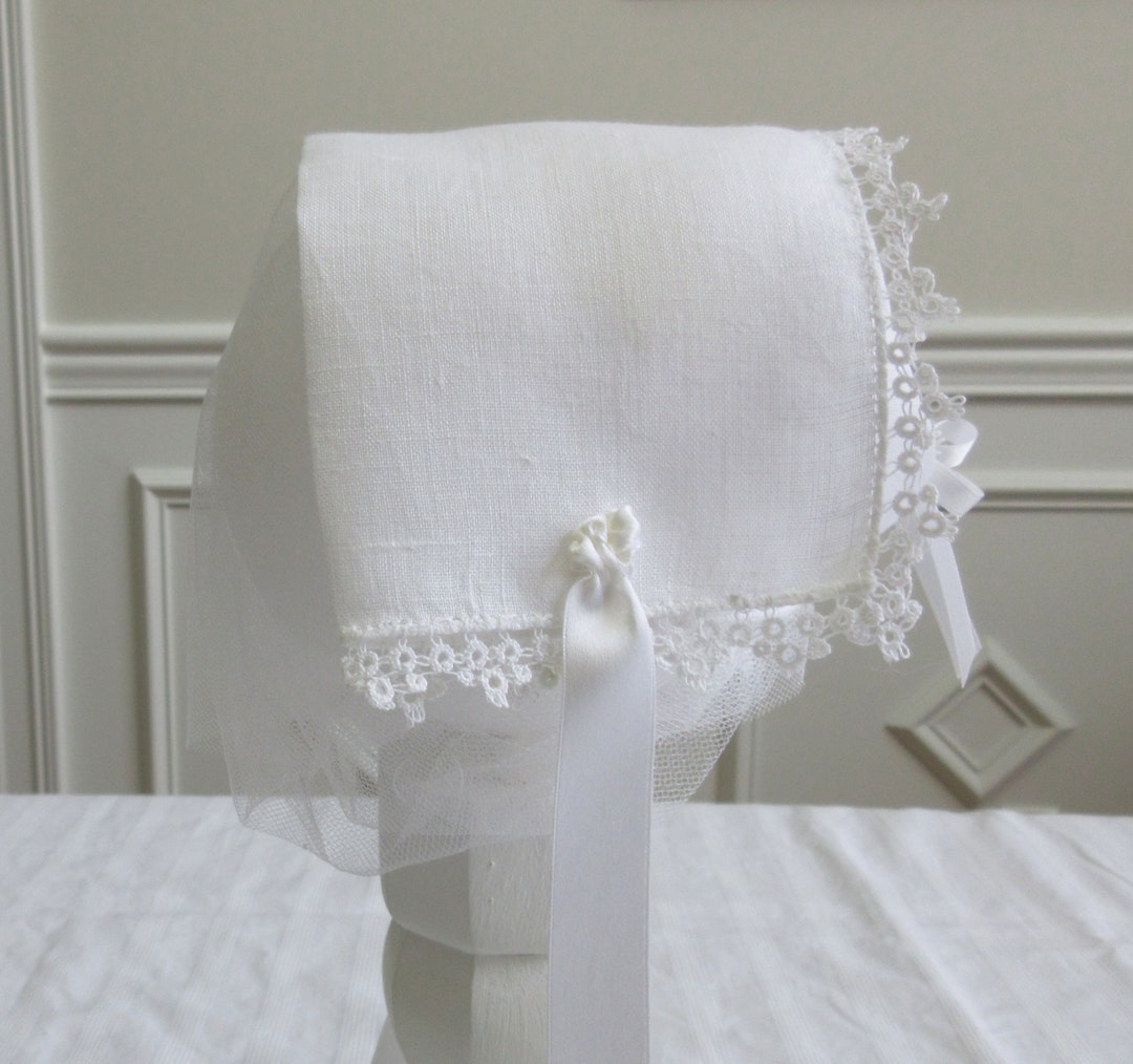 White Linen Heirloom Hanky Bonnet With Sweet Tatting Trim, Classic ...