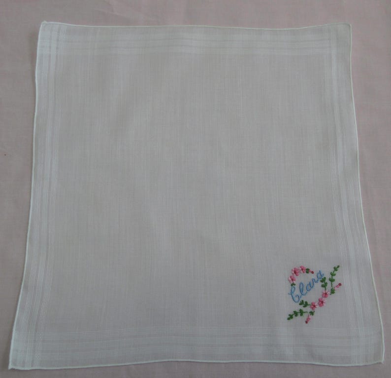 Clara Monogram Vintage White Hanky Embroidered Blue Pink Green, Wedding ...
