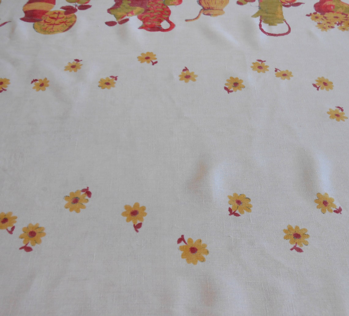 Linen Tablecloth Red Gold and Green Print on Ivory Linen - Etsy