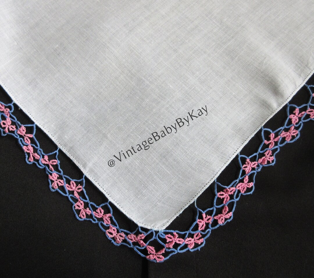 Blue and Pink Tatting Handkerchief White Linen W Hand Tatted Lace Trim ...
