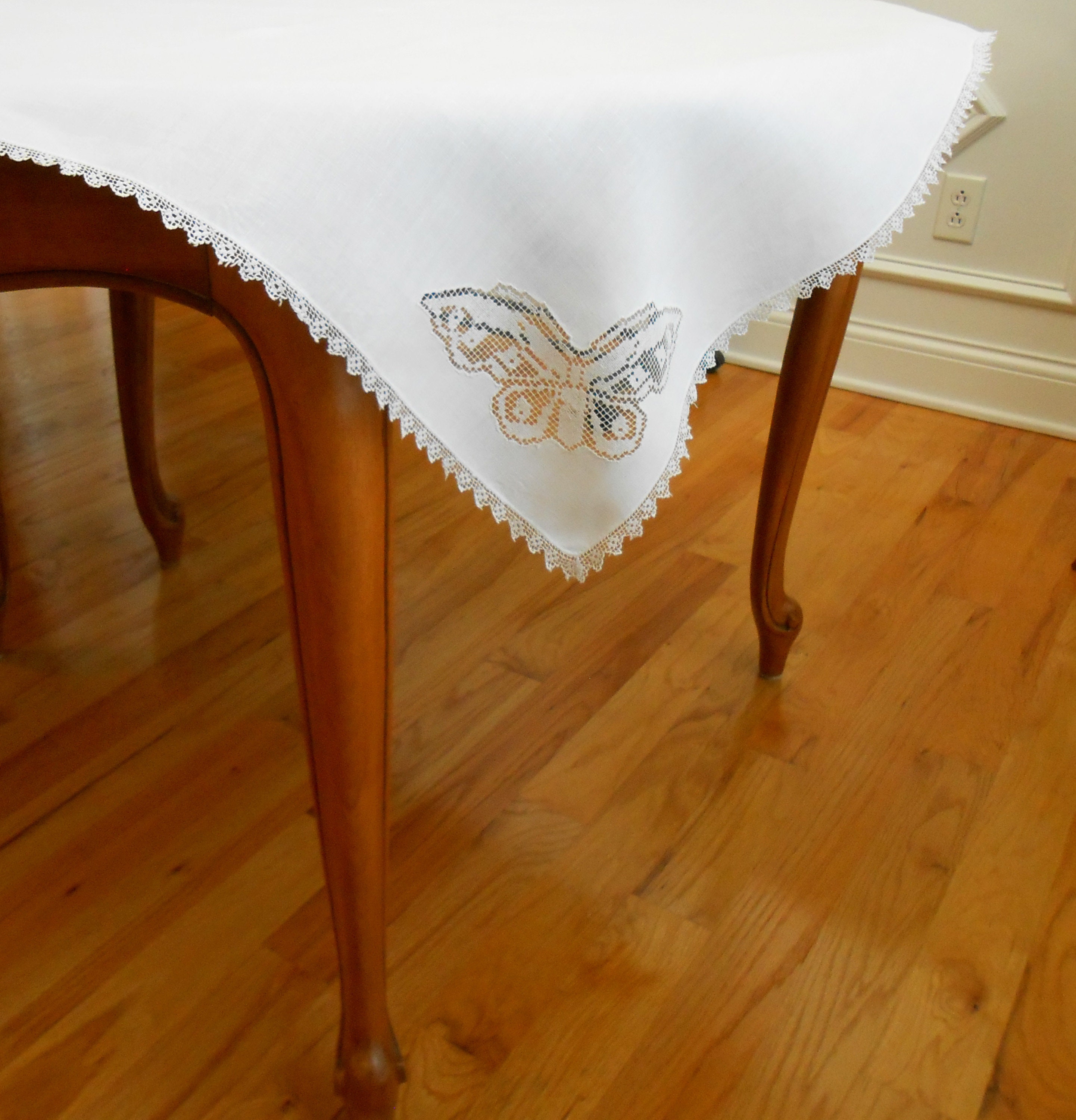 Butterfly Tablecloth White Linen with Crochet Lace Inset and | Etsy