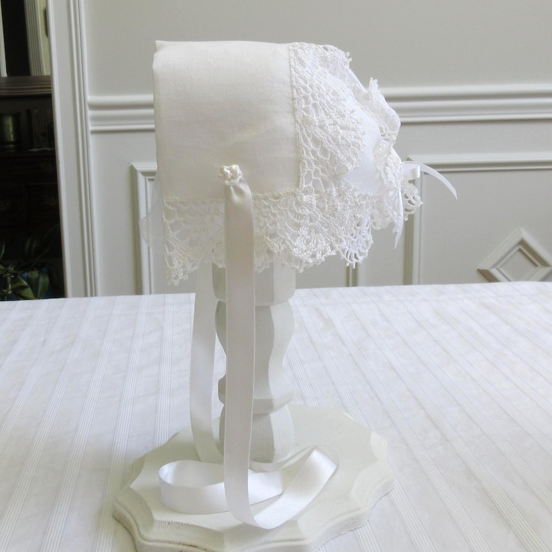 Large Heirloom Hanky Bonnet White Linen With Wide Crochet Christening ...