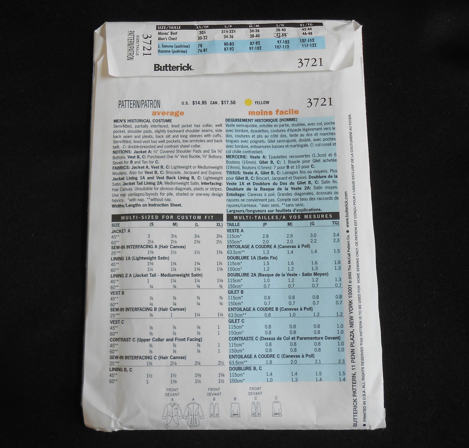 Butterick Pattern 3721 Size L-XL Men's Victorian Costume - Etsy