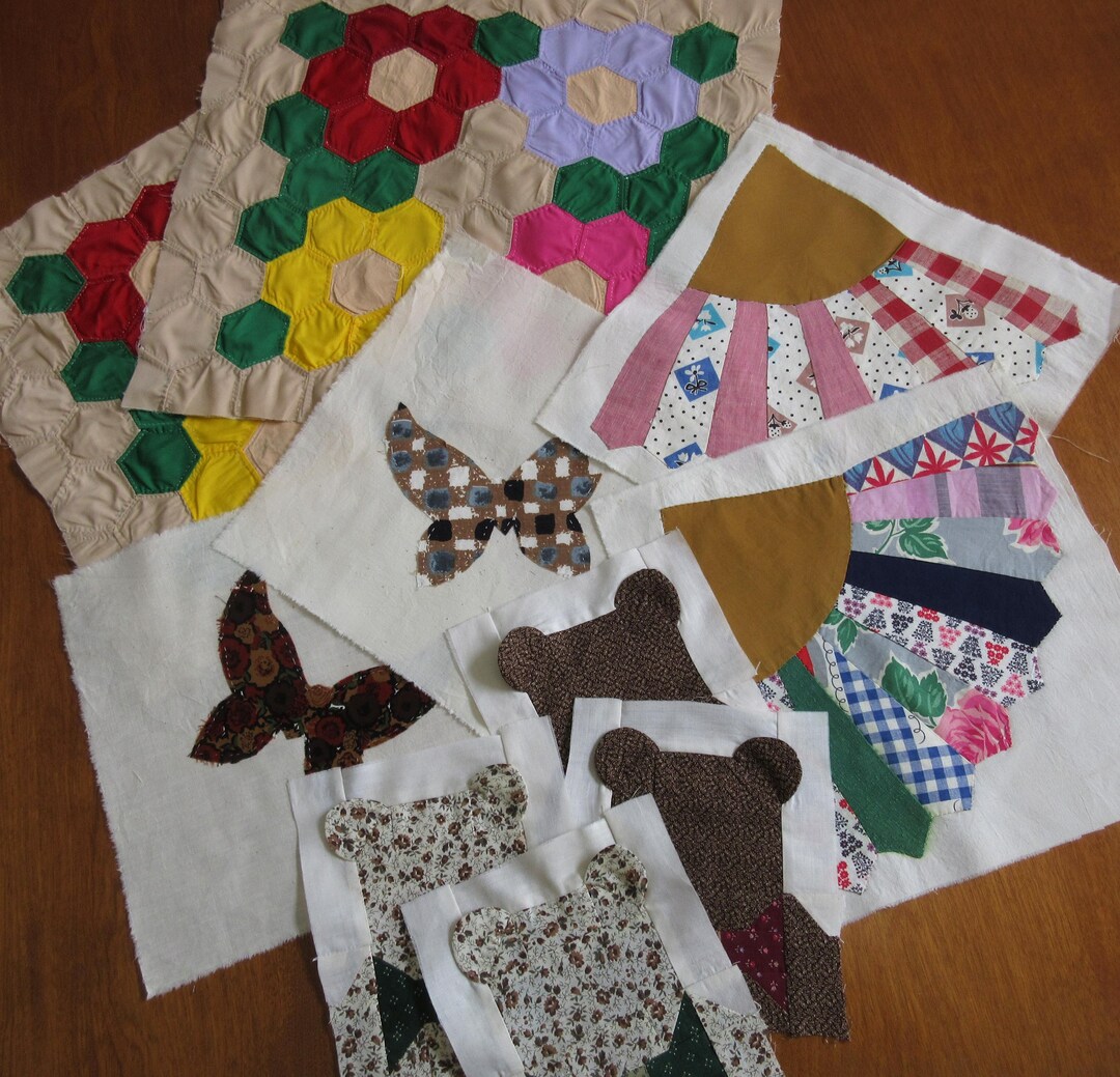 Quilt Blocks Lot of 10 Finished Orphan Quilt Variety Patchwork, Hand Made Bears Flower Garden ...