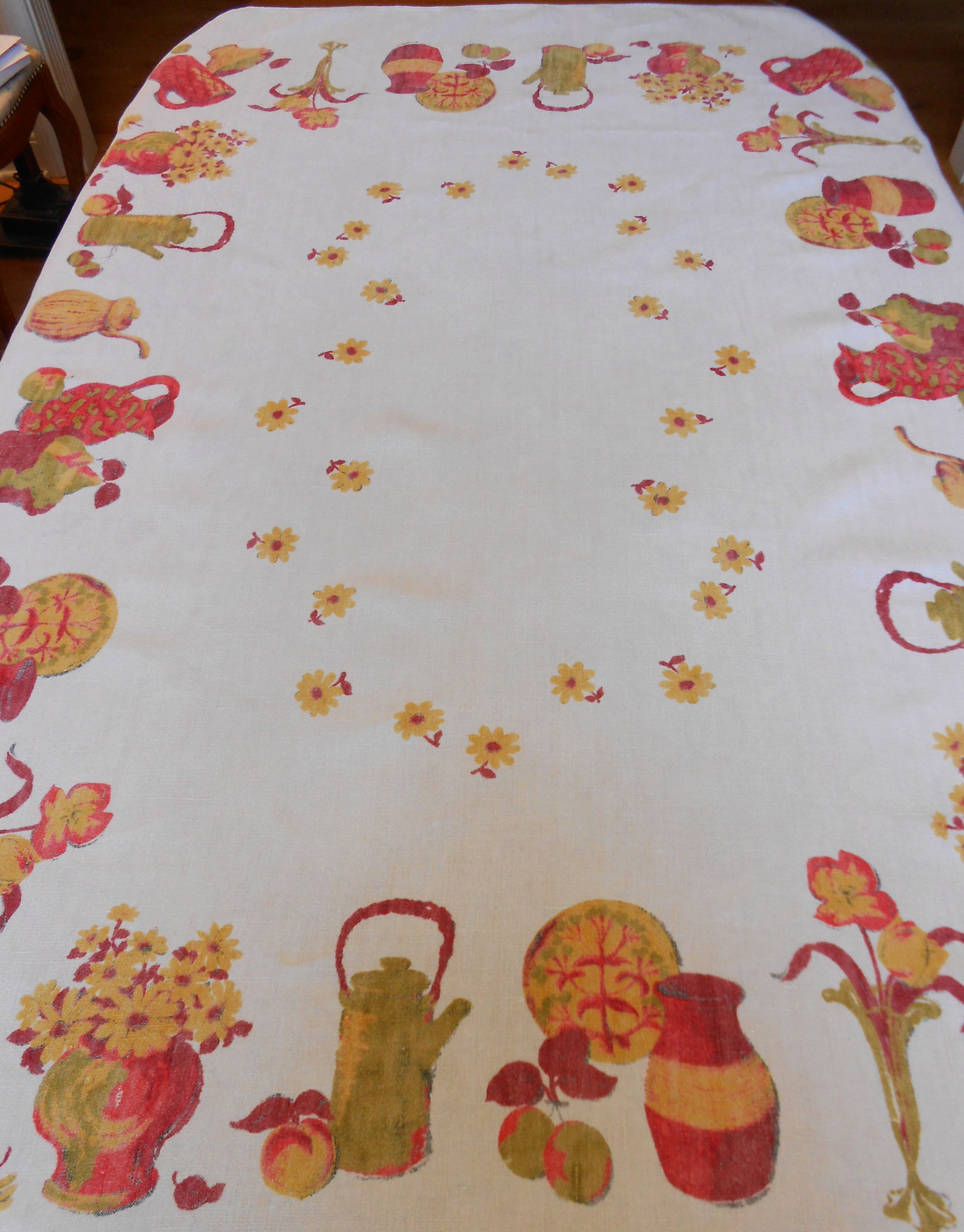 Linen Tablecloth Red Gold and Green Print on Ivory Linen | Etsy