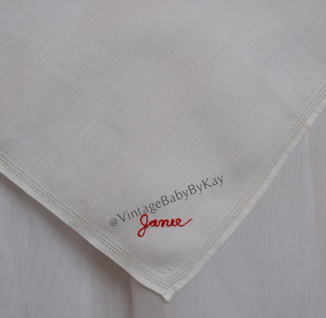 Janie Monogram Hanky Vintage White Linen Handkerchief With Red ...