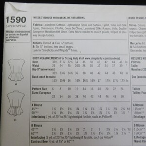 Simplicity 1590 Size 6-14 Retro Blouse With Cap Sleeve and Peplum ...