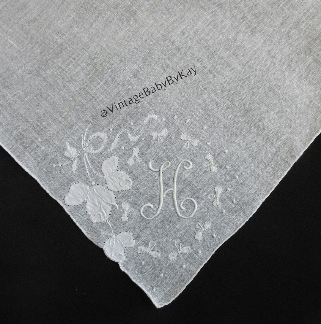H Monogram Hanky Vintage White Linen Handkerchief With Madeira Applique ...