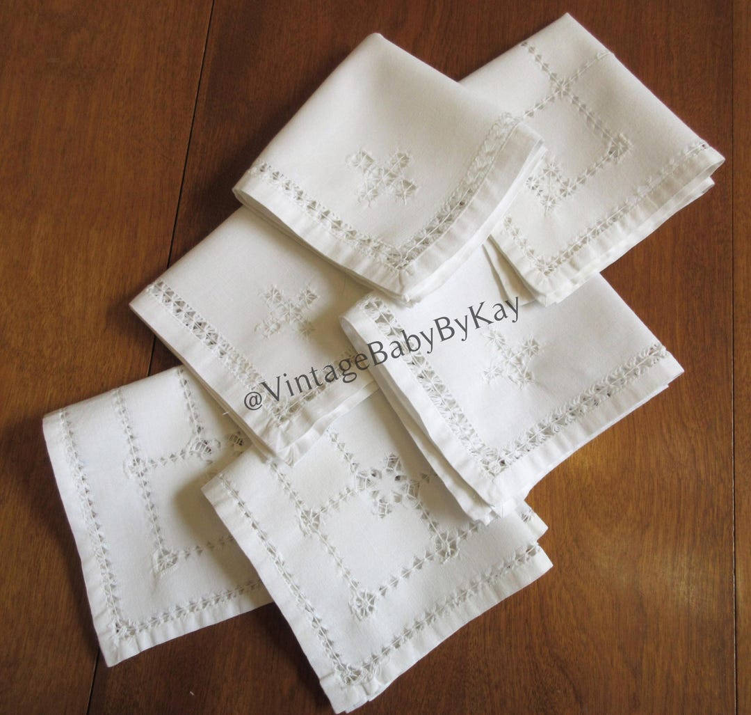 White Napkins Openwork Bold Hemstitch, Lot of 6 Fancy Luncheon Napkins ...