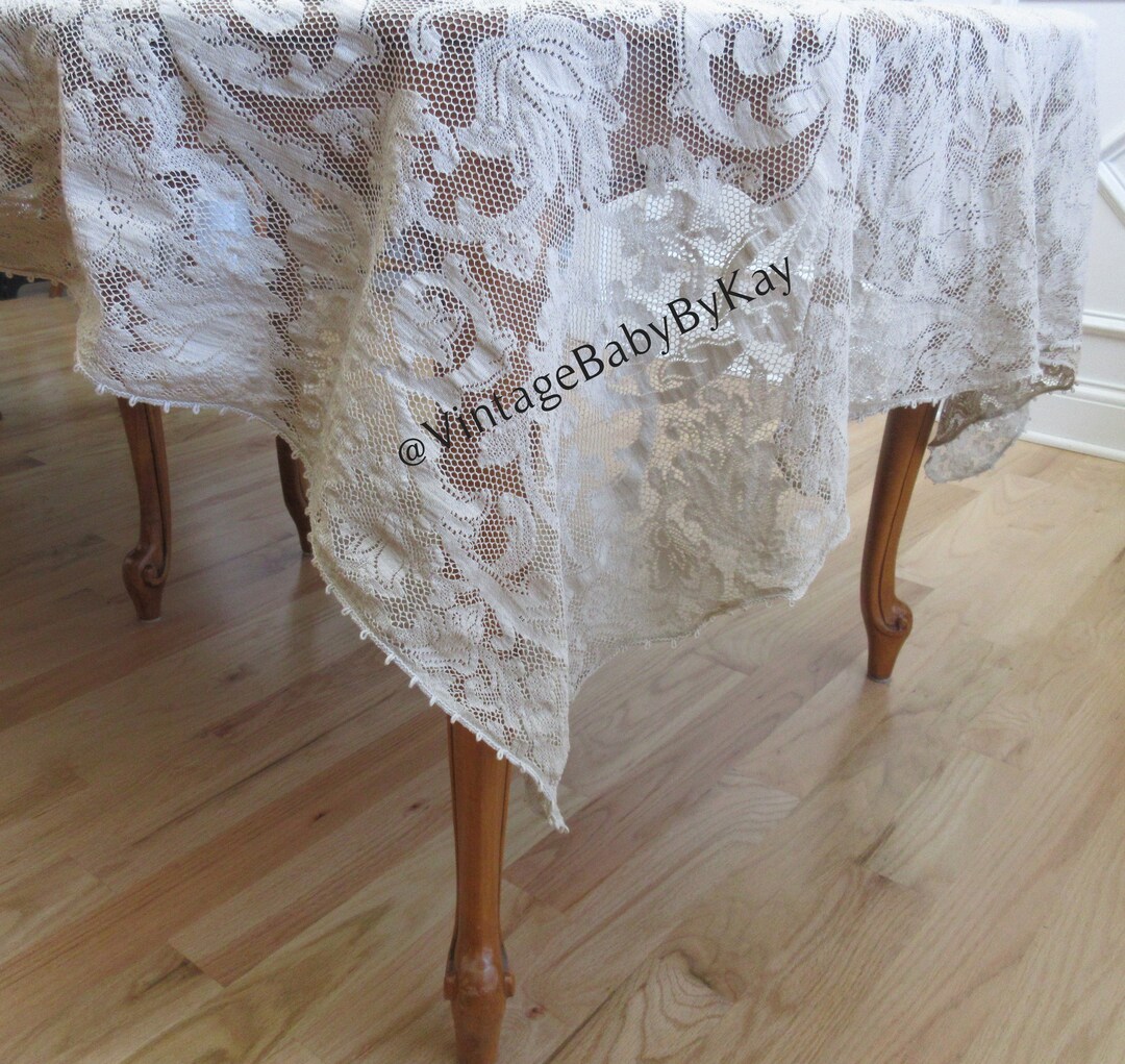 Quaker Lace Tablecloth Rectangle 58" X 85" Neutral Taupe Color Floral ...