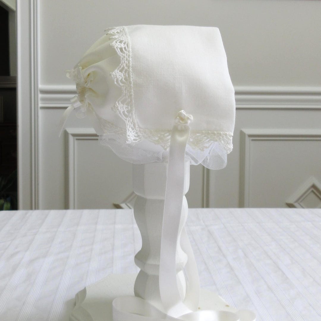 Large Heirloom Hanky Bonnet White Linen With Fan Shape Crochet ...