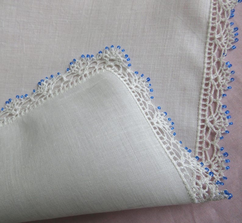 Beaded White Linen Hanky Blue Beads With White Crochet Embellishment ...