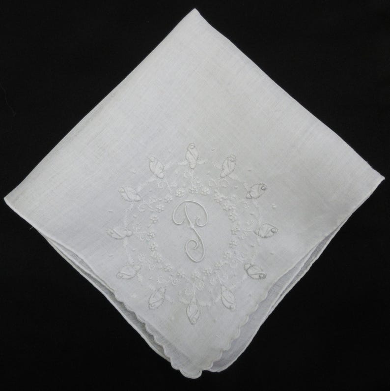 P Monogram Hanky White Linen With Rosebud Embroidery, Personalized ...
