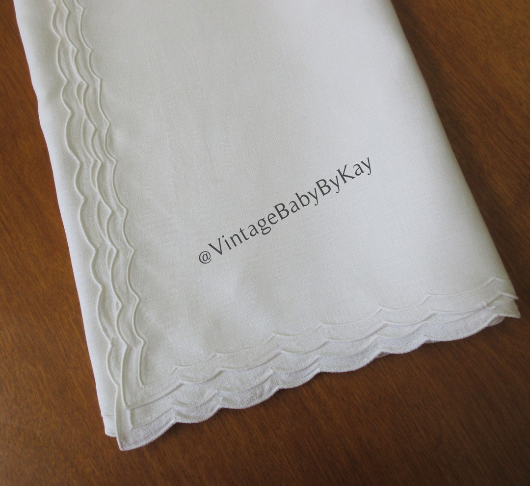 Square Linen Tablecloth Vintage White on White W Double Scalloped Hem ...