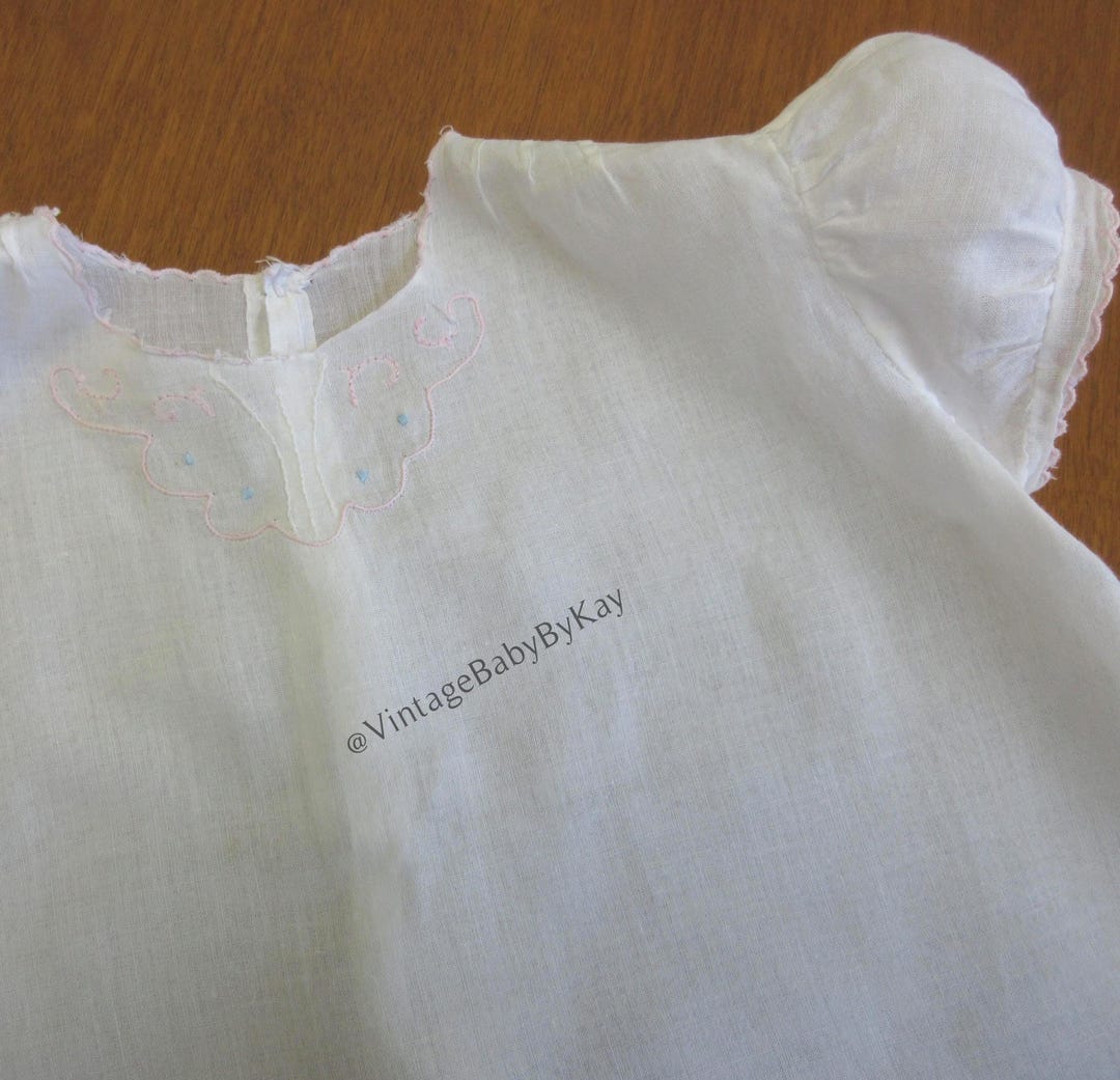 Vintage White Baby Dress With Light Pink and Blue Embroidery, Tucks and ...