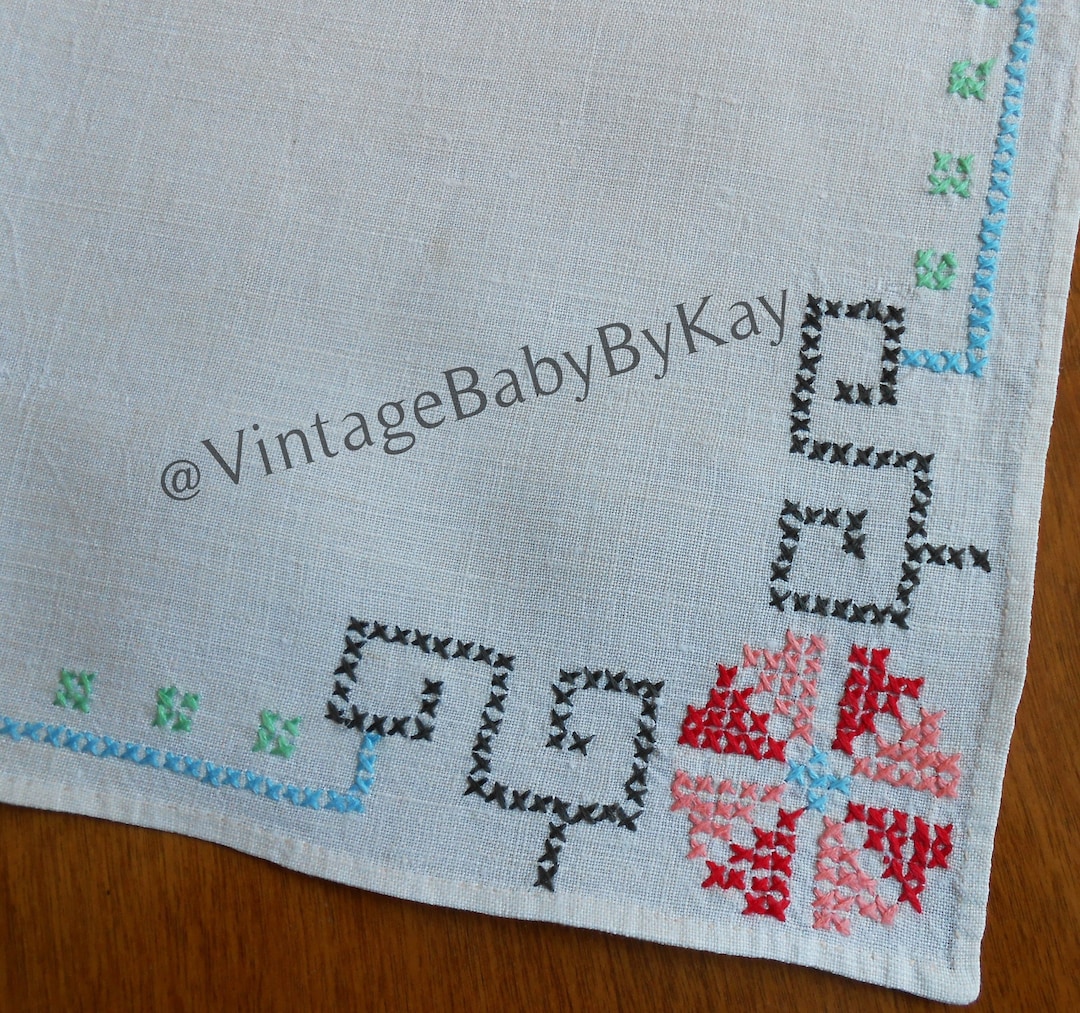 Embroidered Table Topper Bright Colors on Cream Linen Square - Etsy