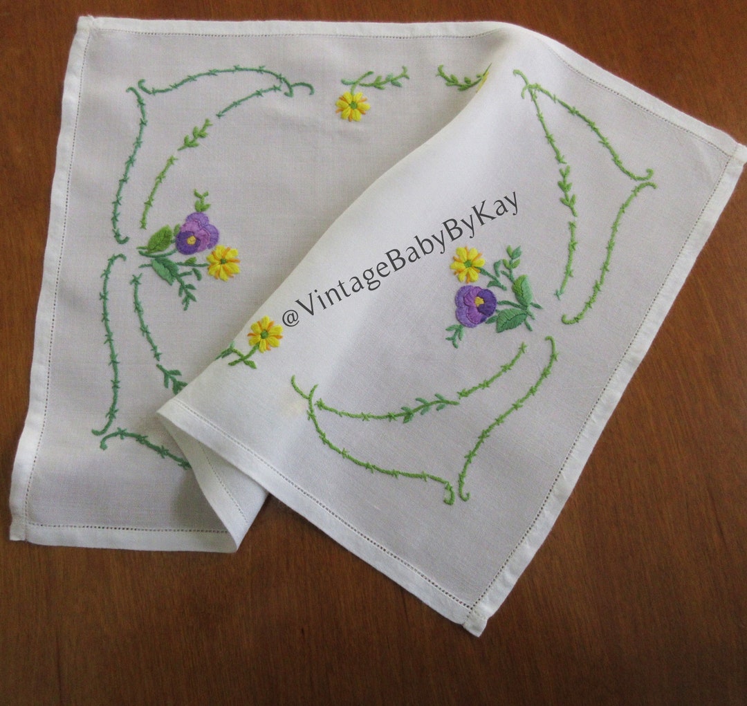 Embroidered Table Topper Bright Colors on White Cotton Blend, Purple ...
