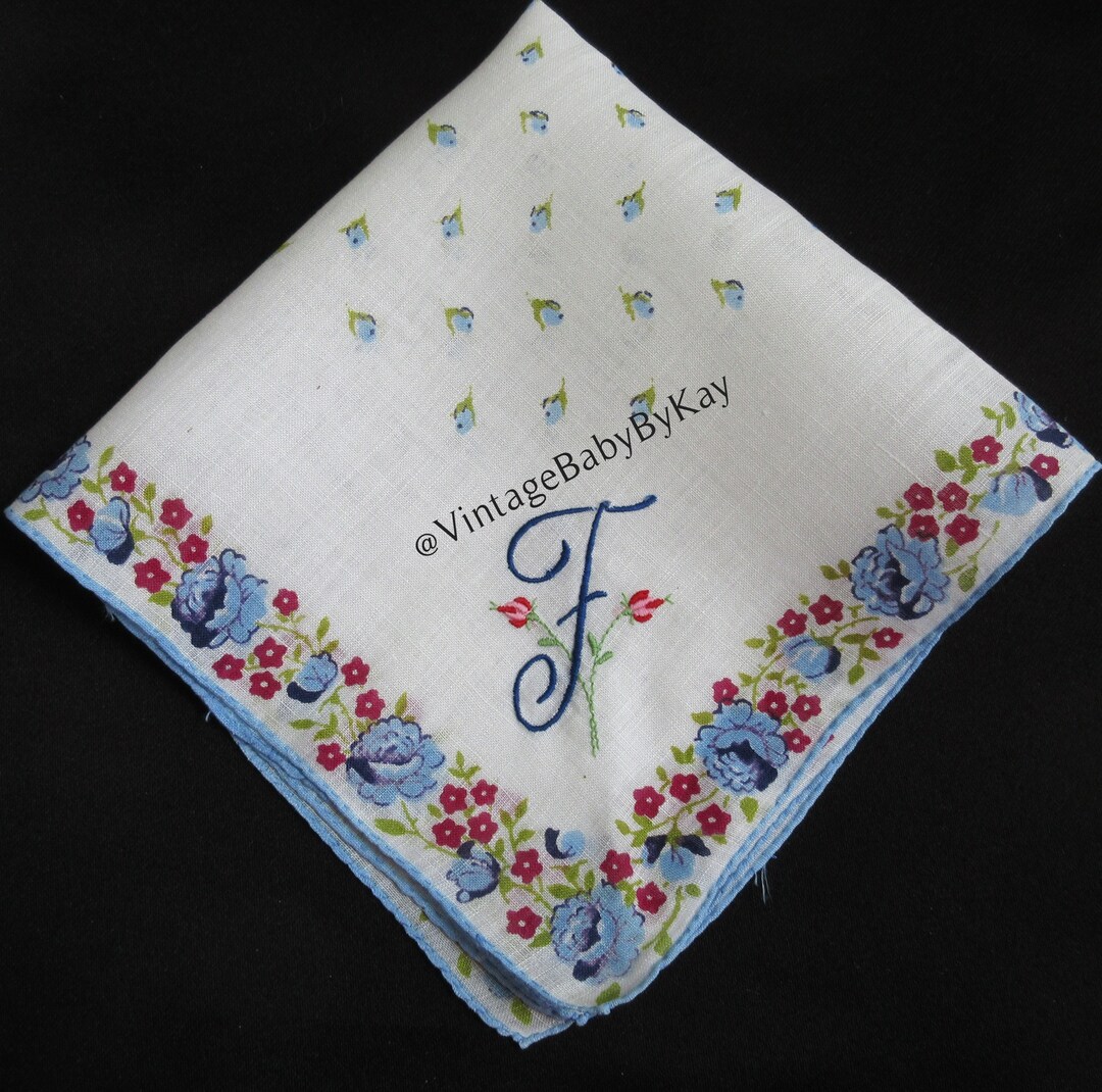F Monogram Vintage White Hanky Blue Rose Print Handkerchief With ...