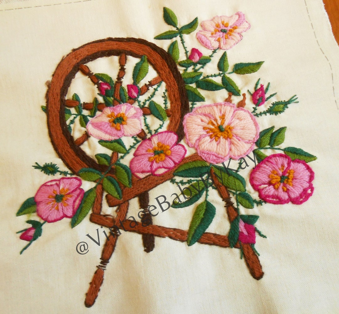 Crewel Embroidery Spinning Wheel and Wild Roses Embroidery - Etsy