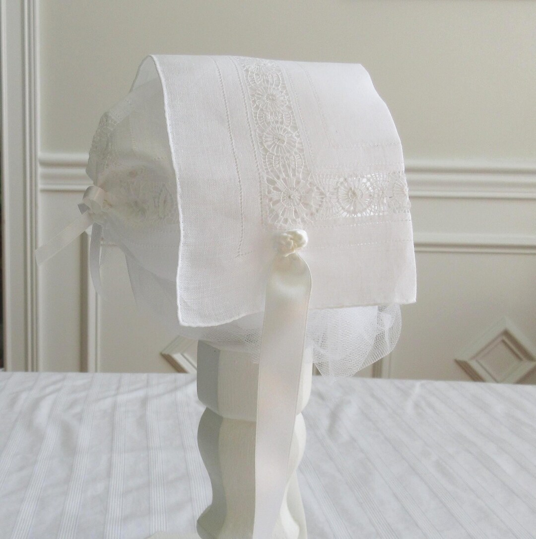 Small Heirloom Hanky Bonnet White Linen With Tailored Drawn Thread Work ...