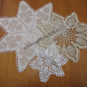 Crochet Doily Lot of 3 With Star Shape, Cream to Ecru Colors 9" to 19 ...