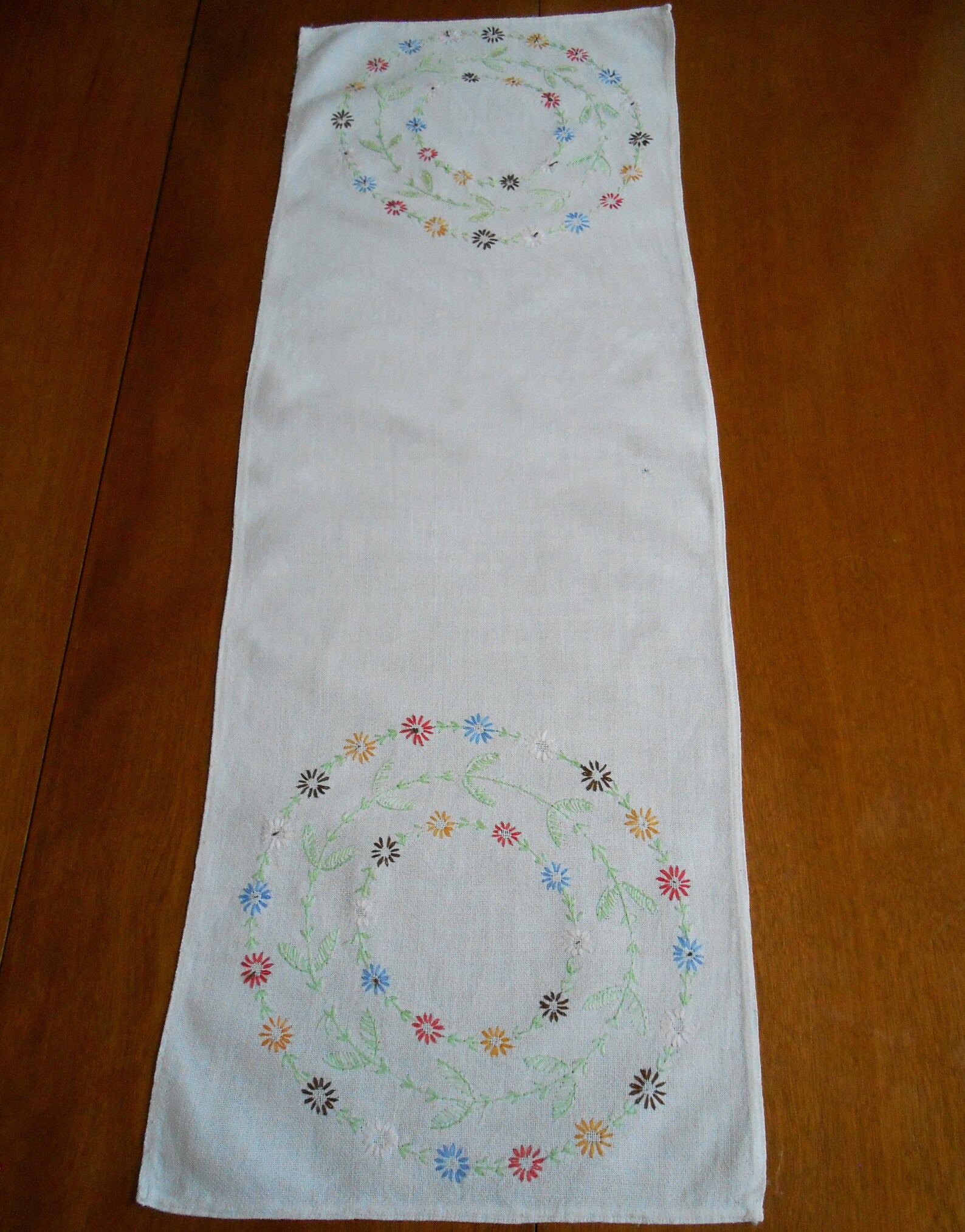 Table Runner Vintage Hand Embroidery Blue Pink Green Brown Gold 13" X ...