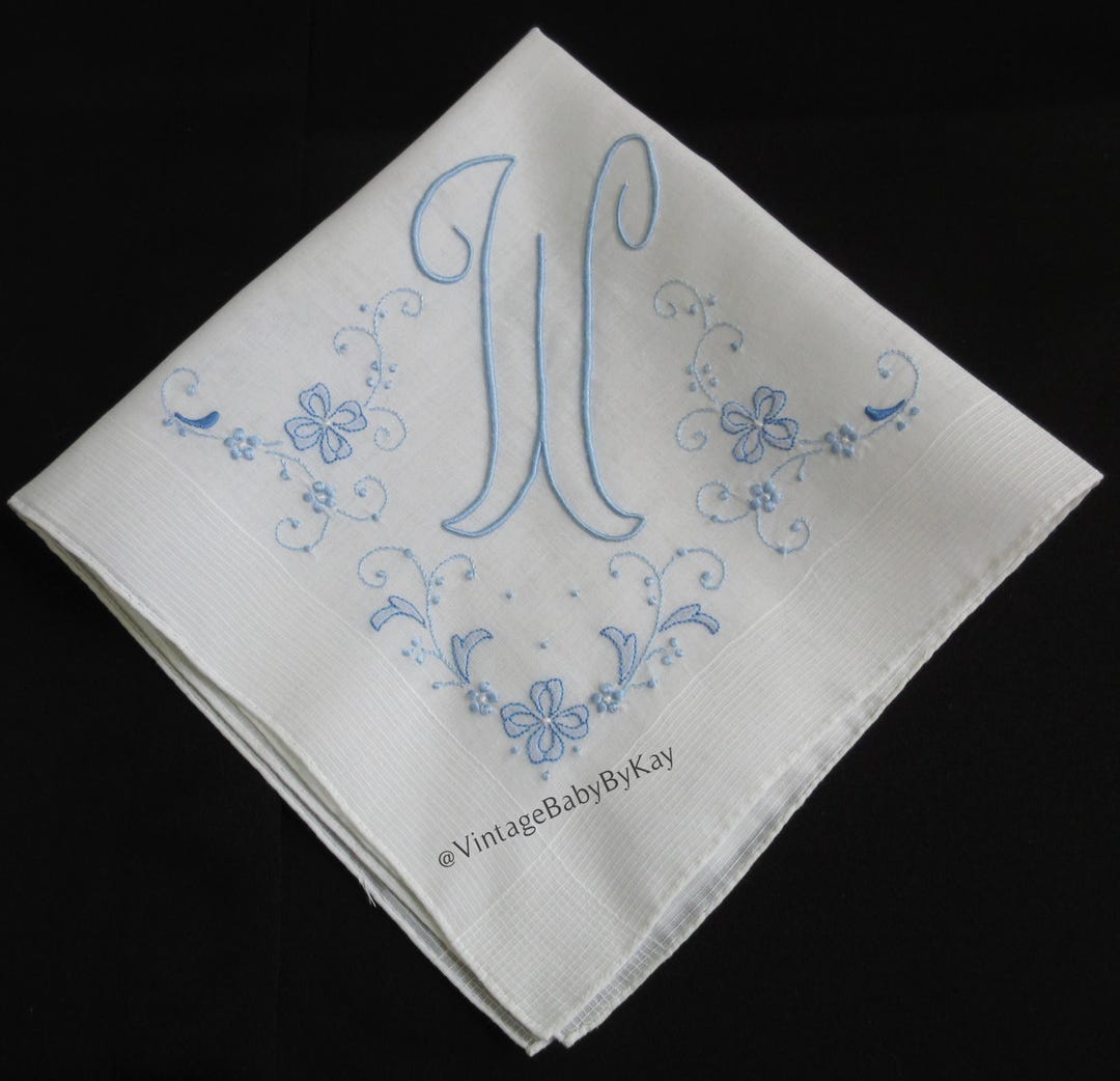 W Monogram Vintage Hanky Blue Embroidery on White Cotton Blend ...