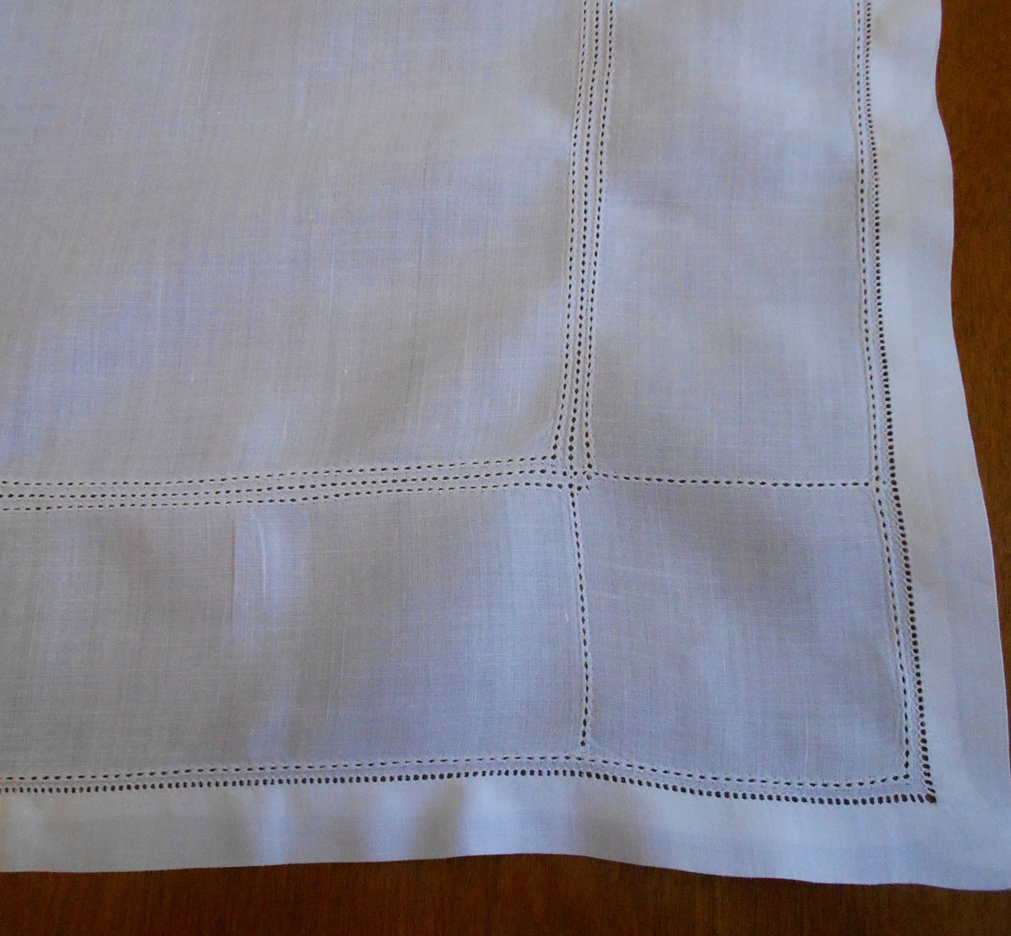 Square Linen Tablecloth Vintage White on White Hemstitched Hem - Etsy